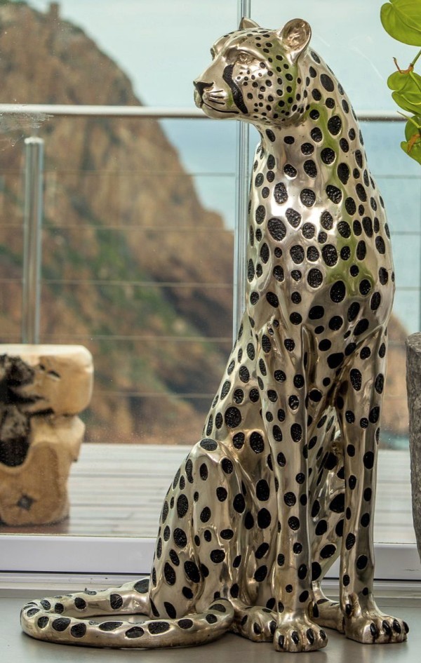 Cheetah Sitting Silver and Black Sculpture Life Size | Zawadi Decor